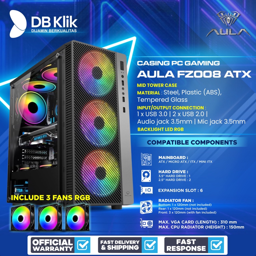 Jual Casing PC Gaming AULA FZ008 ATX include 3 Fan RGB - Casing AULA FZ ...