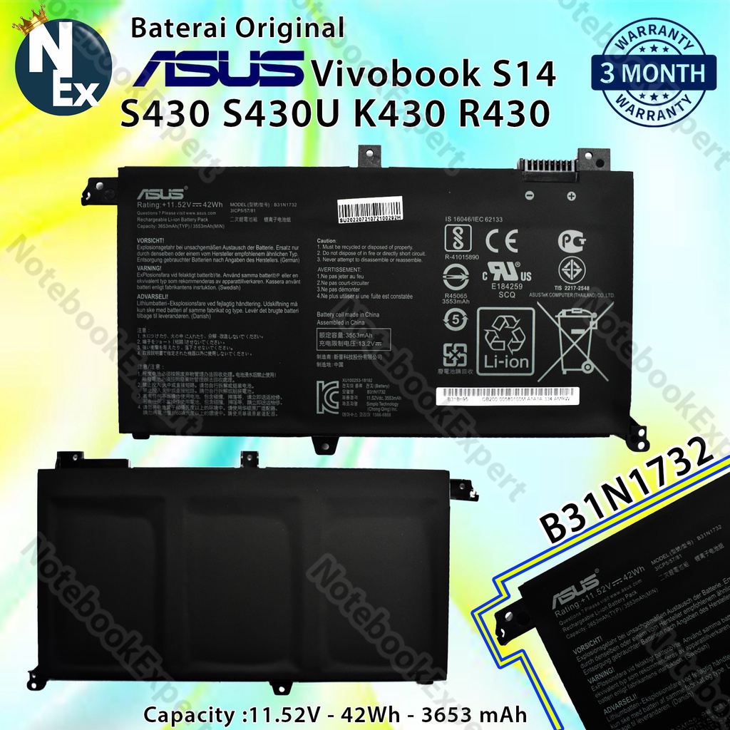Jual Baterai Battery Asus Vivobook S14 S430 S430U K430 R430 B31N1732 Ori | Shopee Indonesia