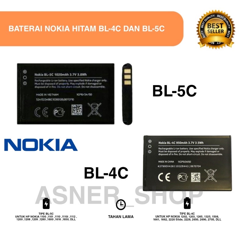 Jual Baterai Nokia BL5C BL4C Bat Packing Panjang Hitam BL-5C BL-4C | Shopee Indonesia