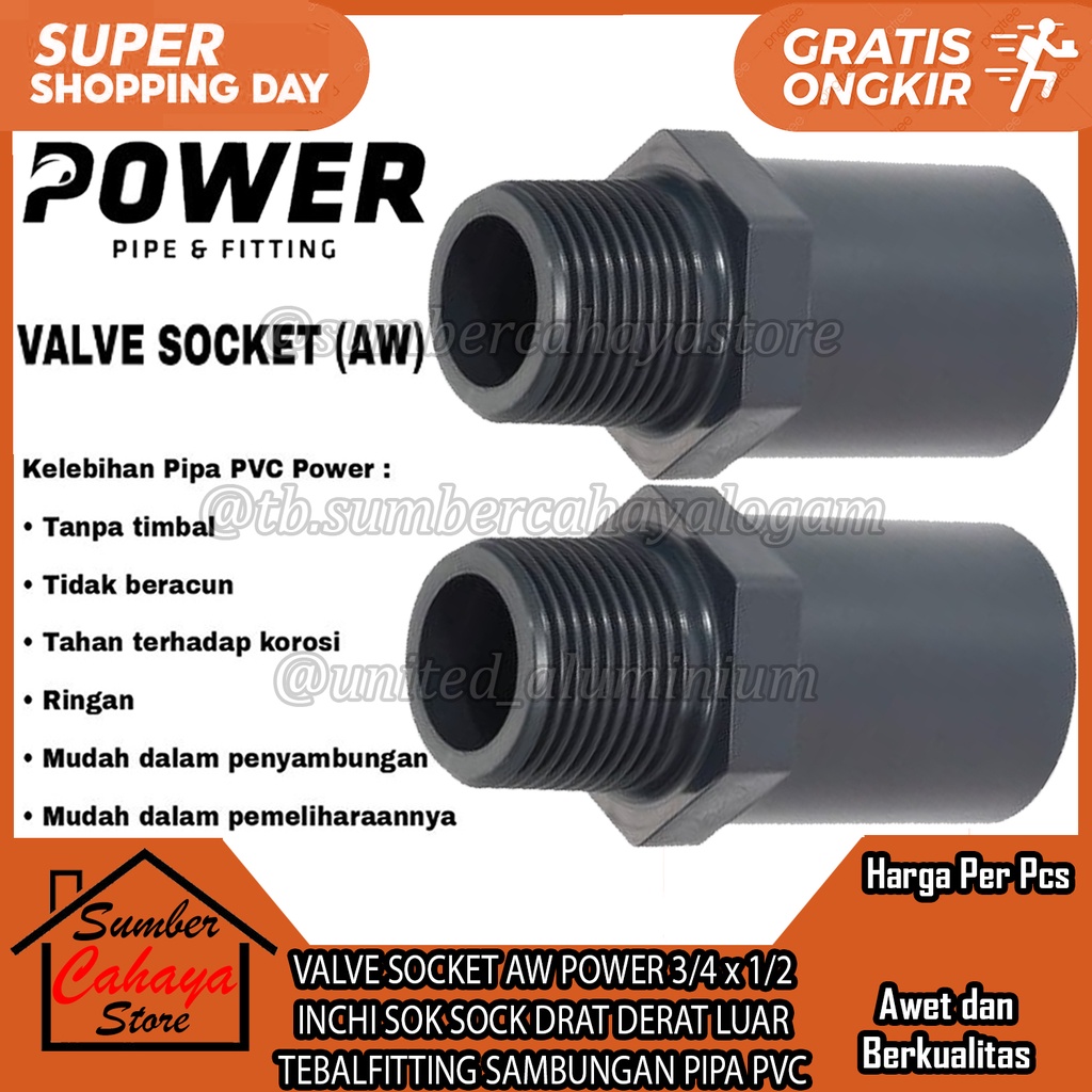 Jual VALVE SOCKET SOK SOCK DRAT LUAR 3/4 x 1/2 INCHI AW POWER TEBAL ...