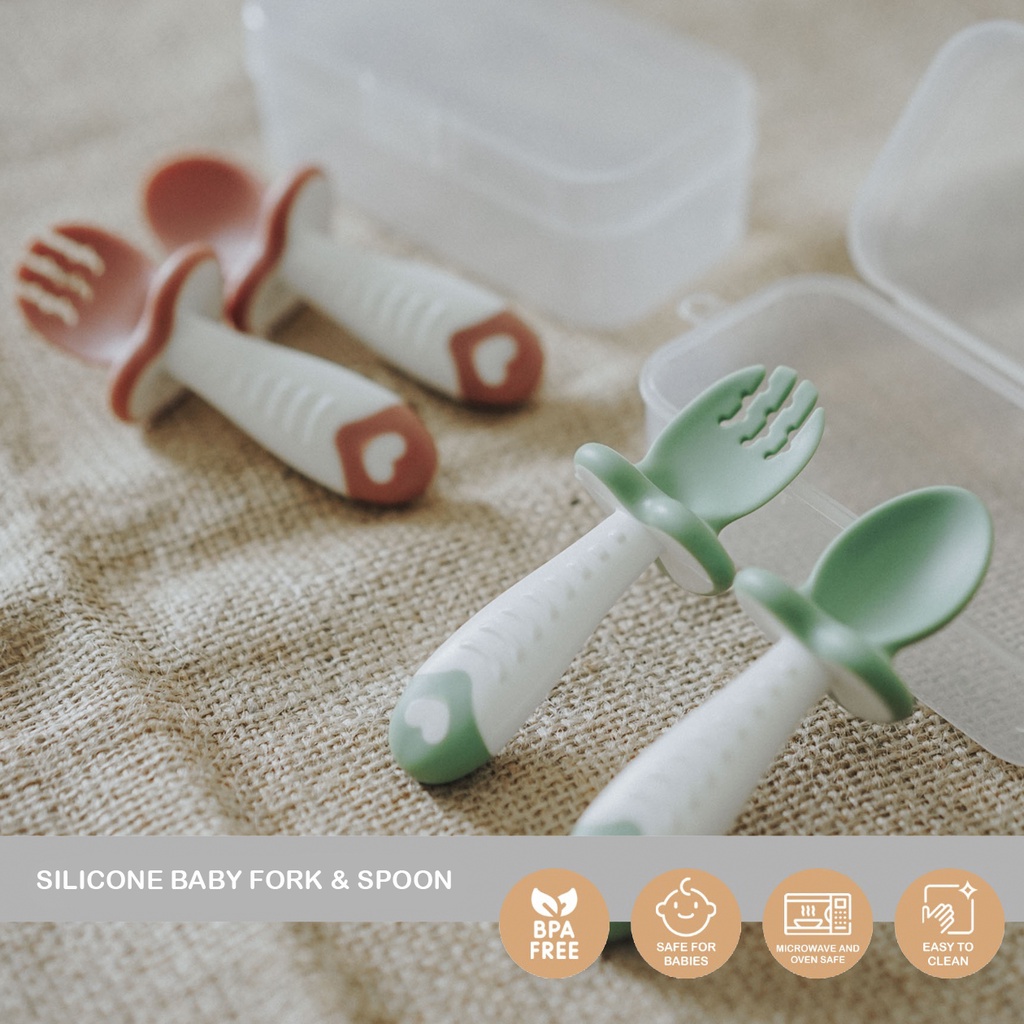 Jual Silicone Baby Fork & Spoon set with box I Sendok Garpu Silikon ...
