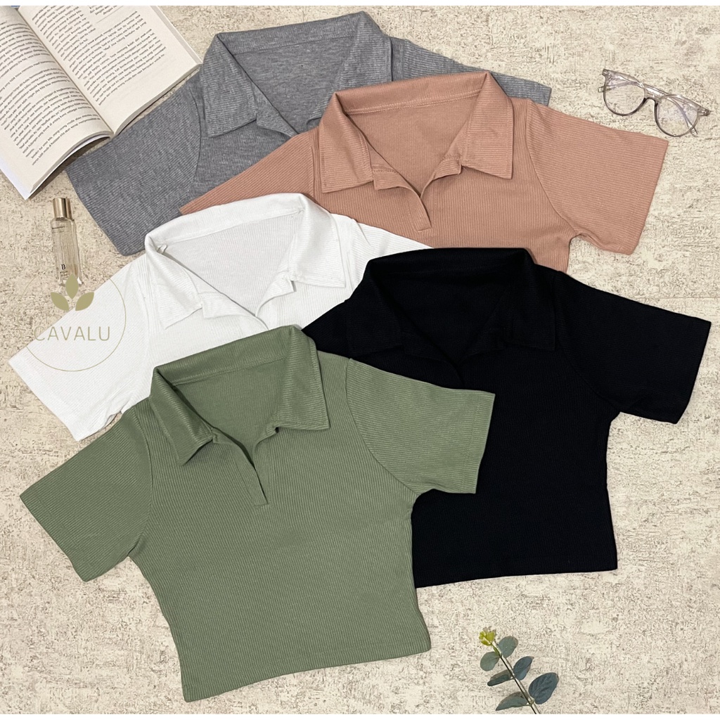 Jual CAVALU Kaos Kerah Polo Shirt Wanita Knit Crop Top Korea Kaos ...