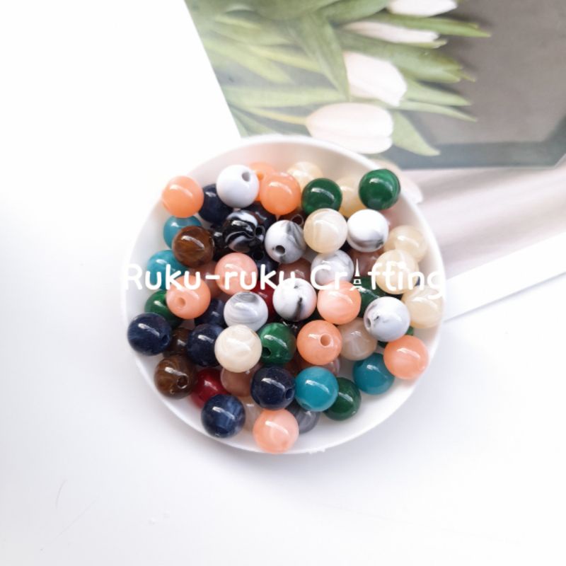 Jual (50 pcs) Mote Manik Bulat Motif Marmer 8mm Manik Corak Lilin Manik ...