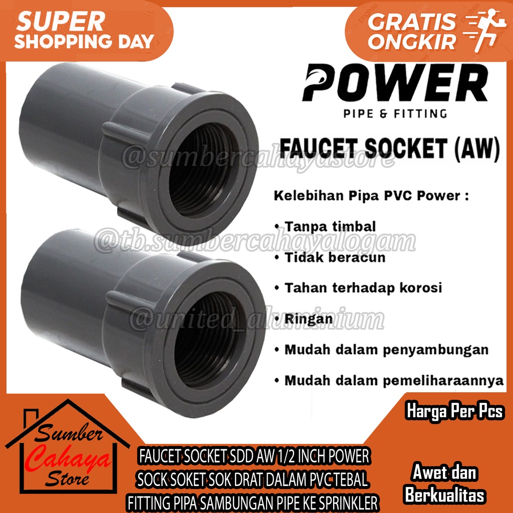 Jual FAUCET SOCKET SDD AW 1/2" INCH POWER SOCK SOK DRAT DALAM PVC TEBAL FITTING PIPA SAMBUNGAN ...