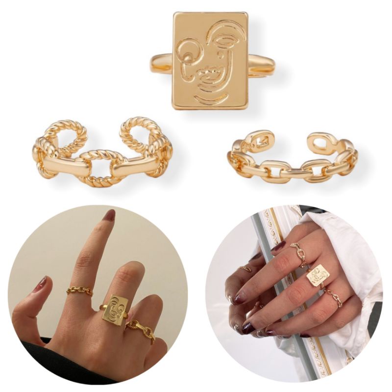 Jual Set (3 buah) Cincin Plat Chain Retro Openning Ring Korean Style ...