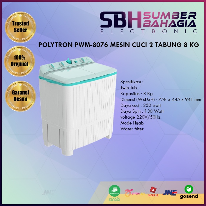 Jual POLYTRON PWM-8076 MESIN CUCI 2 TABUNG 8 KG (NEW) (KHUSUS BANDUNG ...
