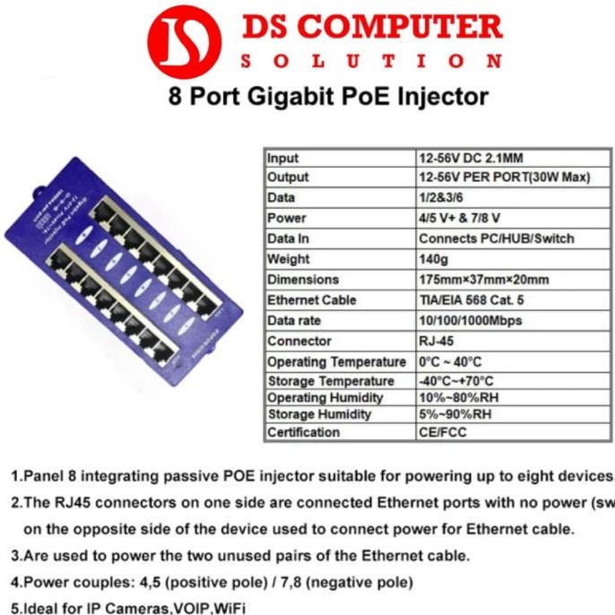 Jual Poe Gigabit 8 Port Injector Support For Ubiquiti Mikrotik Cctv ...