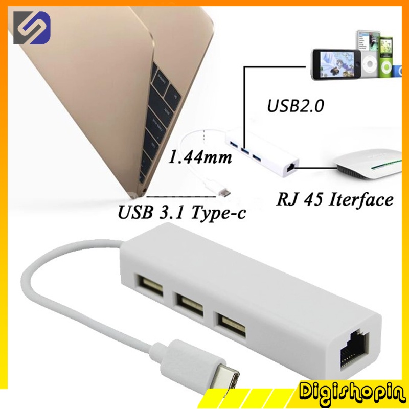 Jual USB Type C Lan Adaptor Dengan 3 Port USB Hub Converter Type C Ke RJ45 Ethernet LAN Adapter ...