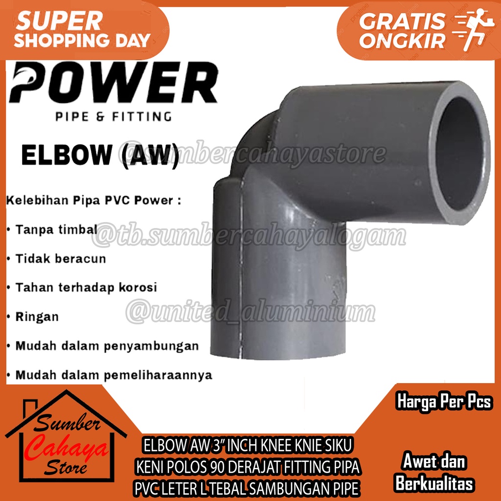Jual KNEE POLOS POWER AW 3" INCH FITTING PIPA PVC KENI ELBOW 90 DERAJAT ...