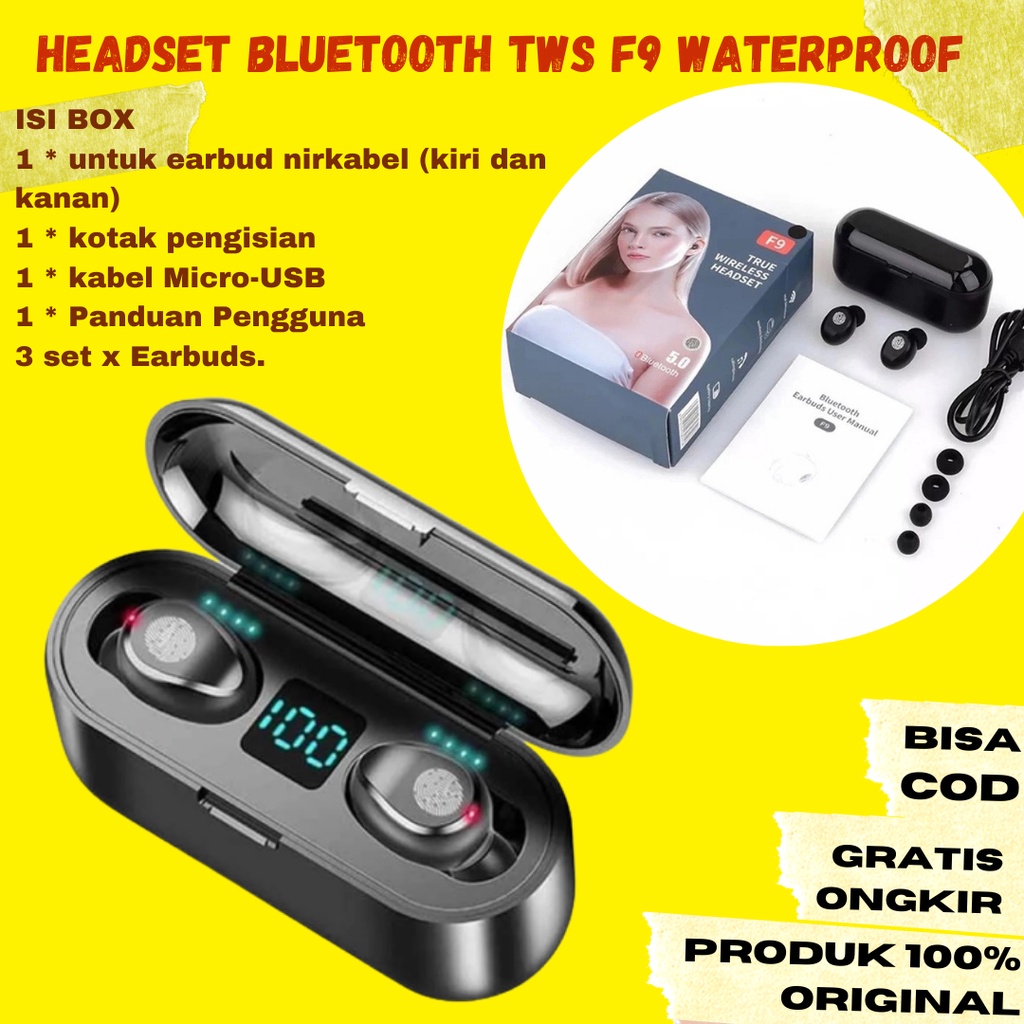 Jual (ORIGINAL) Earphone Earpod Headset Bluetooth TWS F9 Waterproof ...