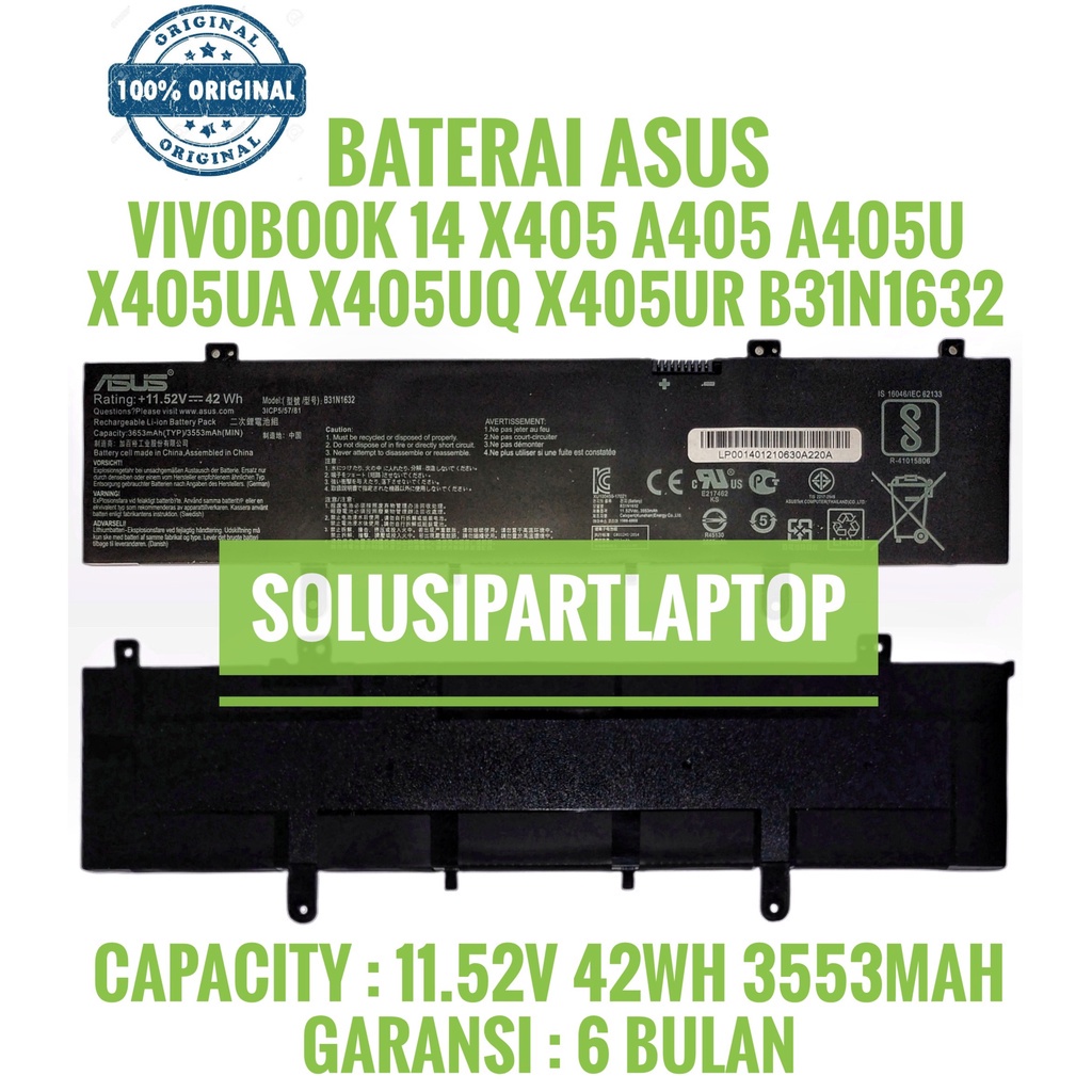 Jual ORIGINAL BATERAI ASUS VivoBook 14 A405 A405U X405 X405UA X405UQ X405UR B31N1632 | Shopee ...