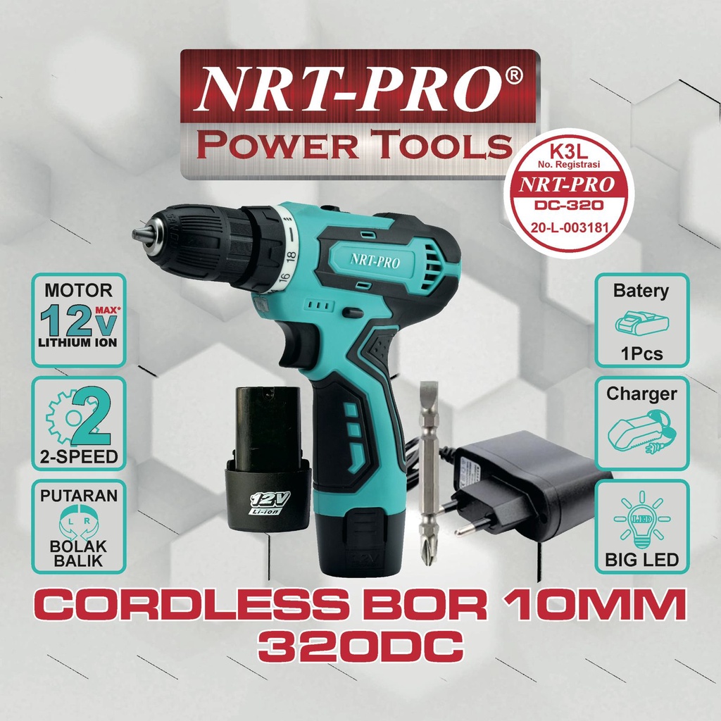 Jual NRT-PRO 320 DC 12v Mesin Bor Baterai Cordless Drill NRT PRO 10mm ...