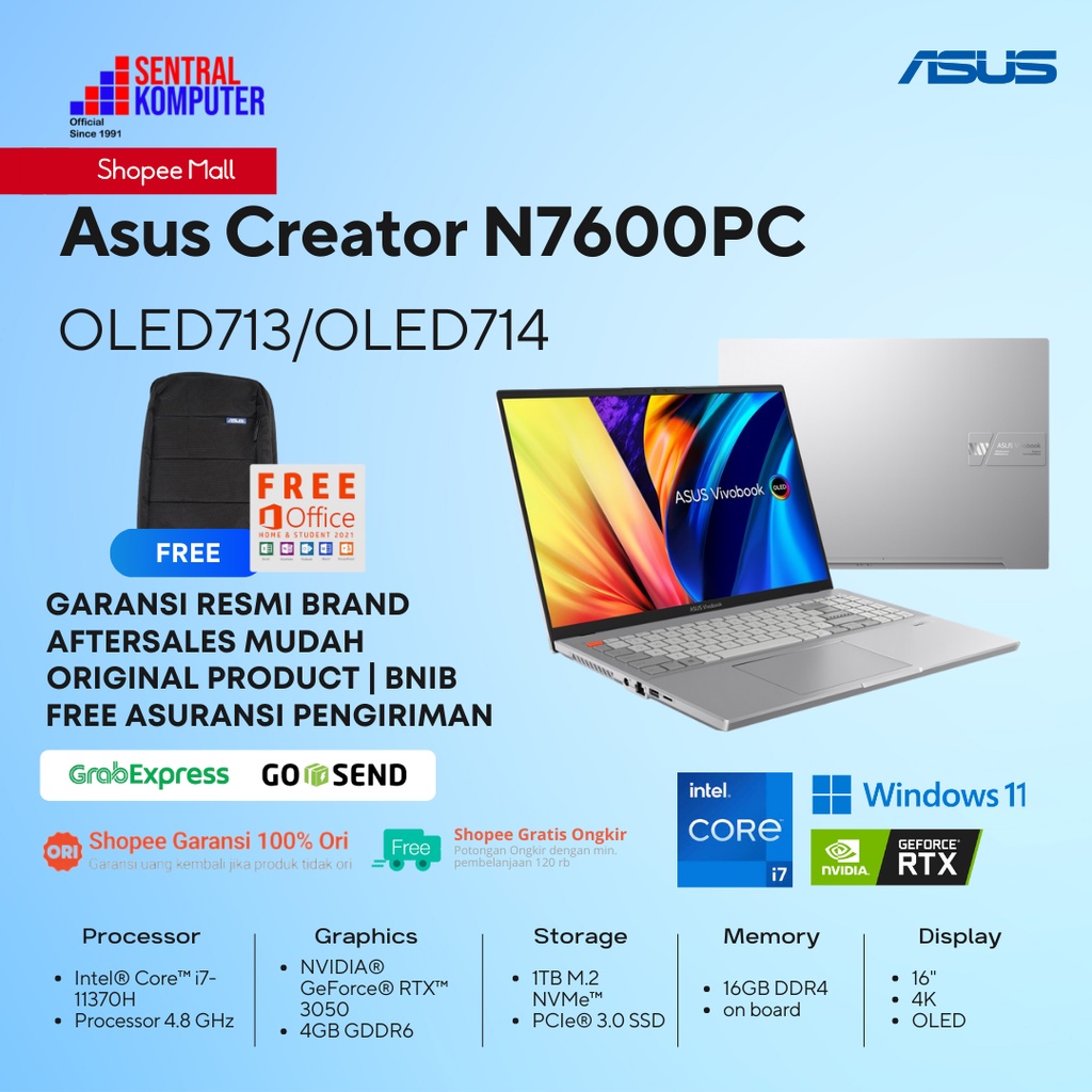 Jual Asus Creator N7600PC i7-11370H-RTX 3050-16GB-1TB SSD-Win 11+OHS ...