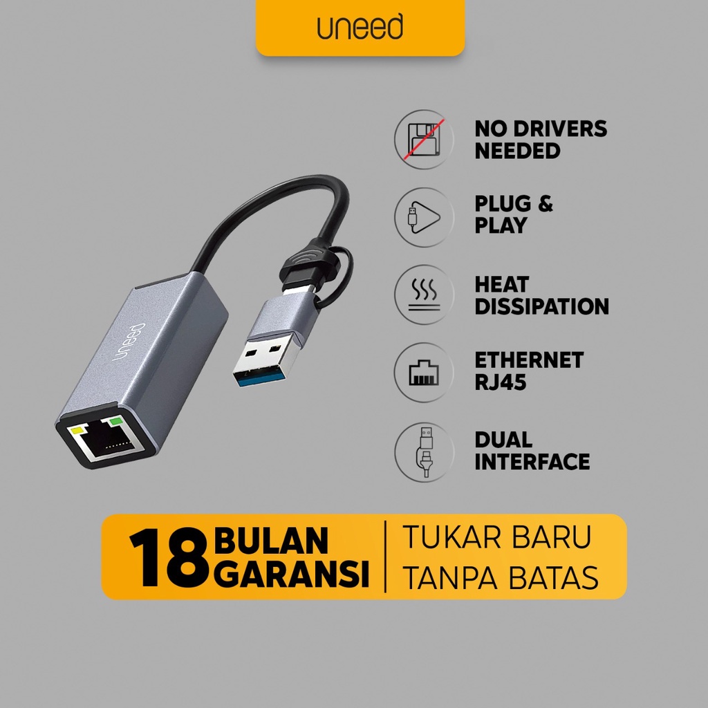 Jual UNEED Adapter Converter USB A 3.0 - Type C to LAN Ethernet RJ45 | Shopee Indonesia