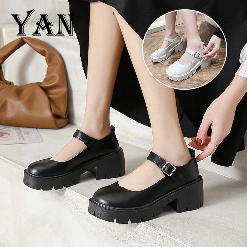 Jual YAN Sepatu Mary Jane Wanita Kulit 5cm Chunky Block Heels Platform ...
