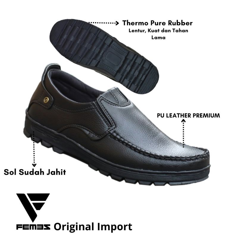 Jual Sepatu Pria Kerja FEMEZ ORIGINAL Slip On Slop Kulit PU Hitam ...