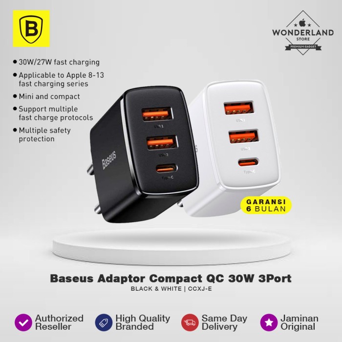 Jual Baseus Adaptor 30W Compact Quick/Fast Charger 3Port 2U+1C Fast ...