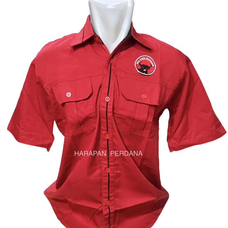 Jual Seragam Kemeja PDH Kantor Lengan Pendek Warna Merah PDI List Hitam ...
