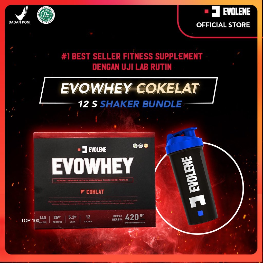 Jual EVOLENE WHEY PROTEIN COKLAT 456GR/12 SACHET + SHAKER BIRU BPOM ...