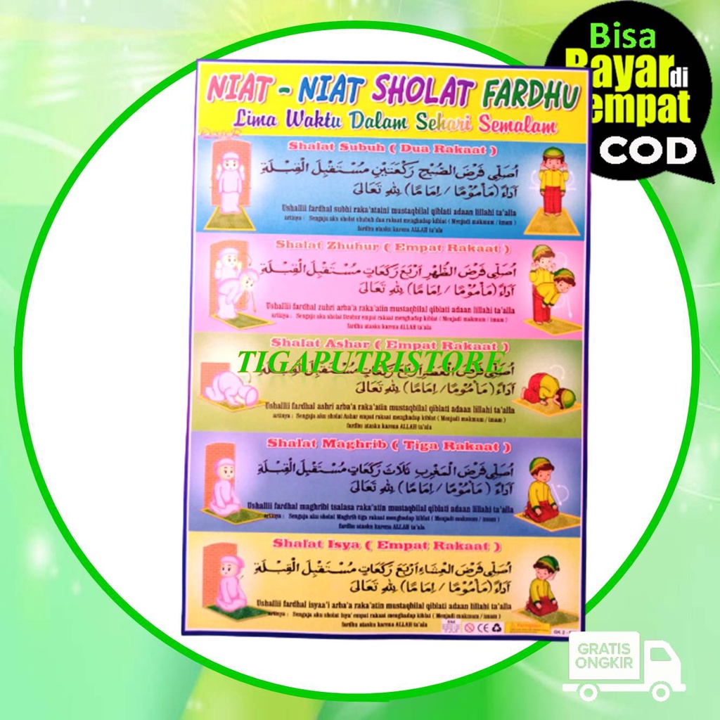 Jual Poster Edukasi Belajar Anak Mengenal Bacaan Niat Niat Sholat Lima ...