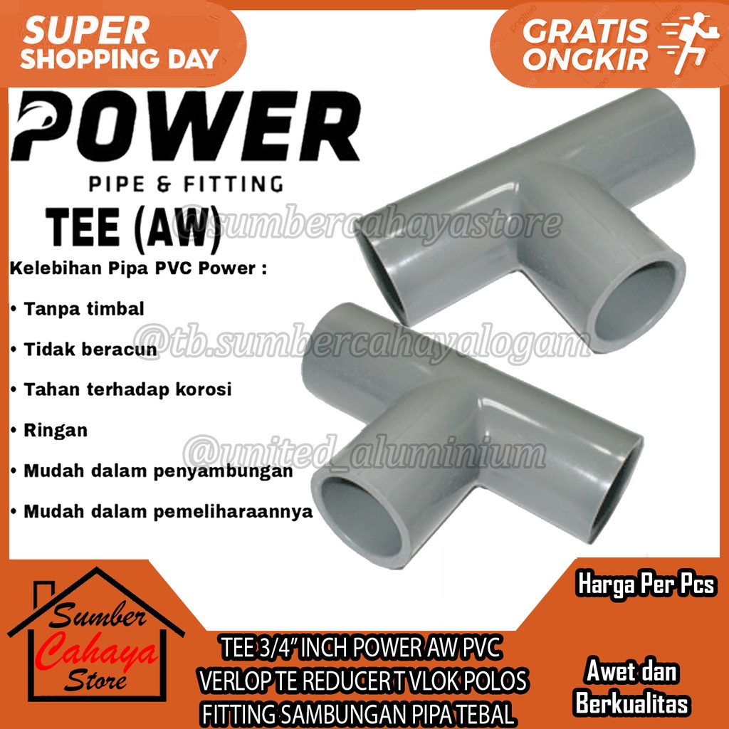 Jual TEE AW 3/4" INCH POWER SAMBUNGAN LETER T PIPA PVC VERLOP TE ...