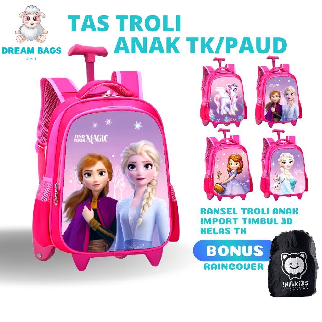 Jual Tas Troli Anak Perempuan Sekolah TK PAUD Koper Dorong Karakter Timbul Import Dream Bags ...