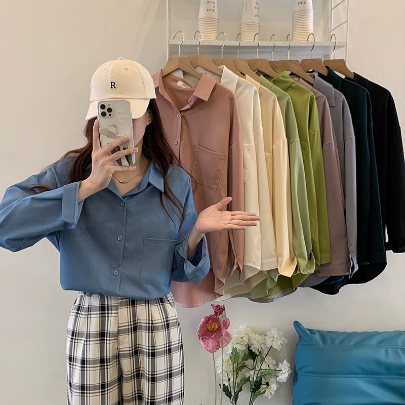 Jual Kemeja retro wanita kemeja lengan panjang simple daily outfit ...