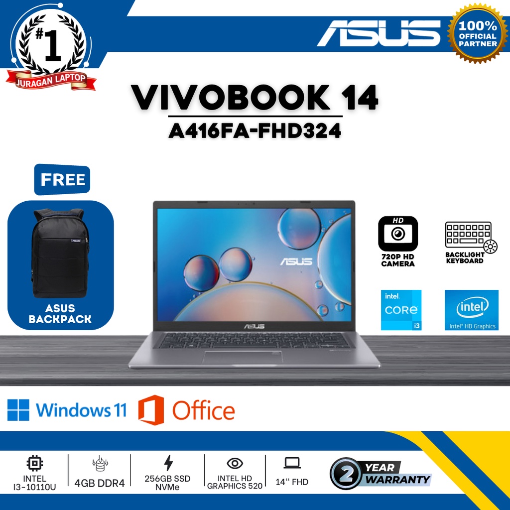 Jual LAPTOP ASUS VIVOBOOK 14 A416FA-FHD324 I3-10110U 4GB 256GB 14" W11 ...