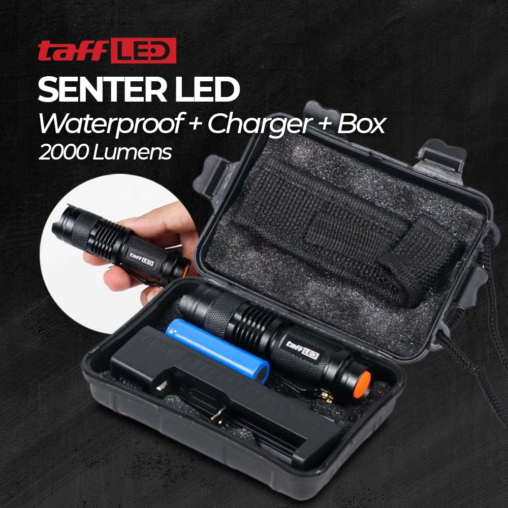 Jual Senter LED 2000 Lumens Waterproof + Charger + Box - P1 - Black OMFL4GBK | Shopee Indonesia