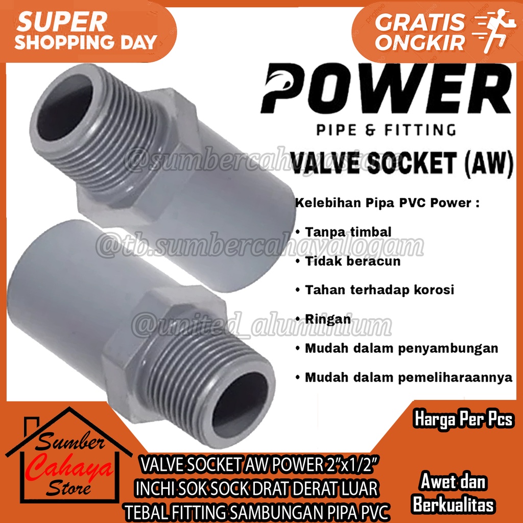 Jual VALVE SOCKET AW POWER 2"x1/2" INCHI SOK SOCK DRAT LUAR TEBAL ...