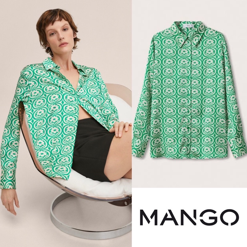 Jual mango mng satin green printed shirt kemeja | Shopee Indonesia