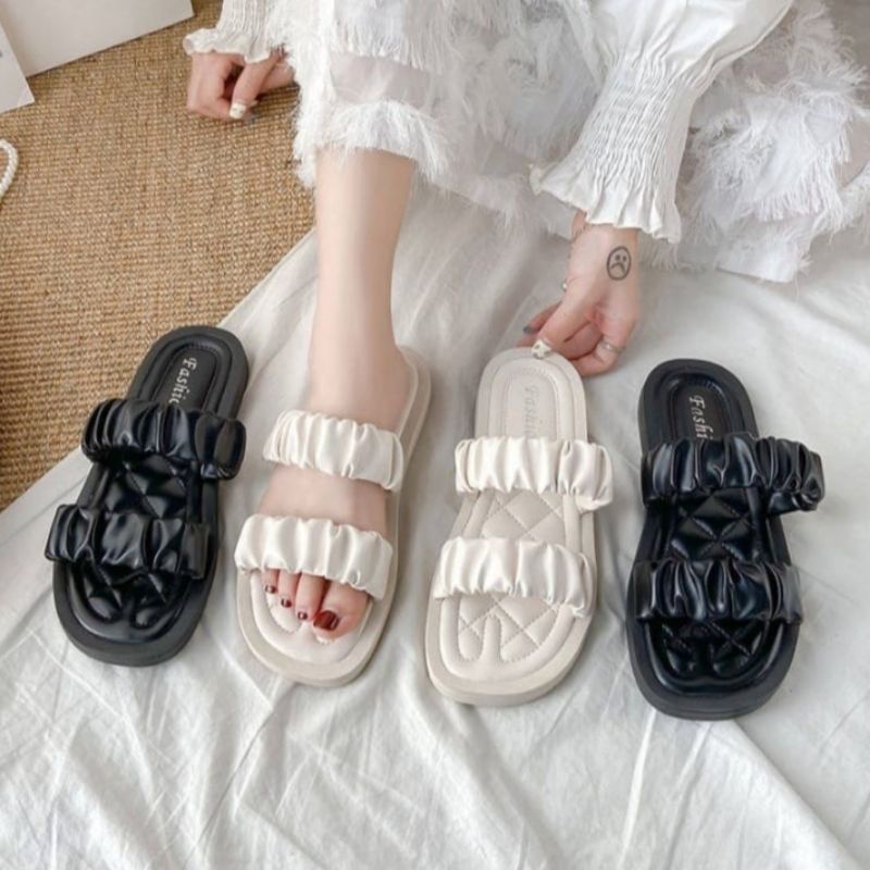 Jual AFS - Sandal Wanita Slop Kerut Ban dua Kekinian - Size 36-40 | Shopee Indonesia
