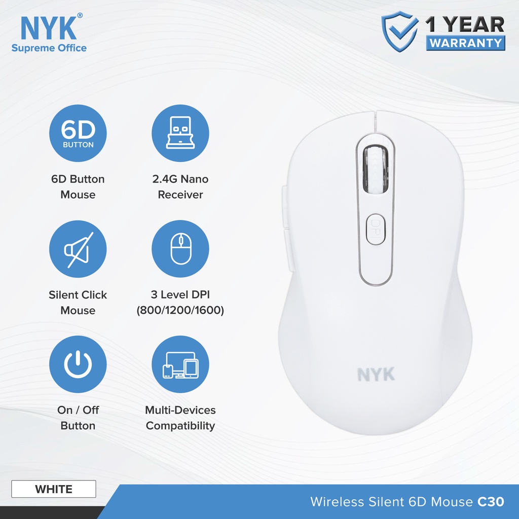Jual NYK Mouse C30 Wireless Silent Click Matte White | Shopee Indonesia