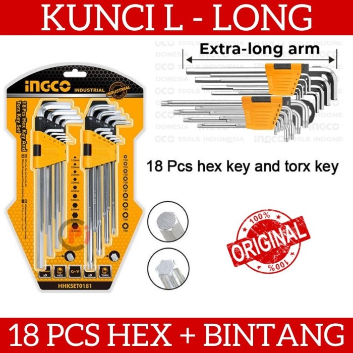 Jual INGCO 18 Pcs Kunci L Model Panjang Long Key Hex dan Torx Bintang ...