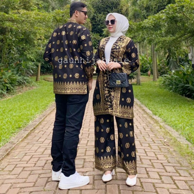 Jual SET COUPLE BATIK SONGKET PALEMBANG HITAM GOLD SETELAN ATASAN OUTER ...