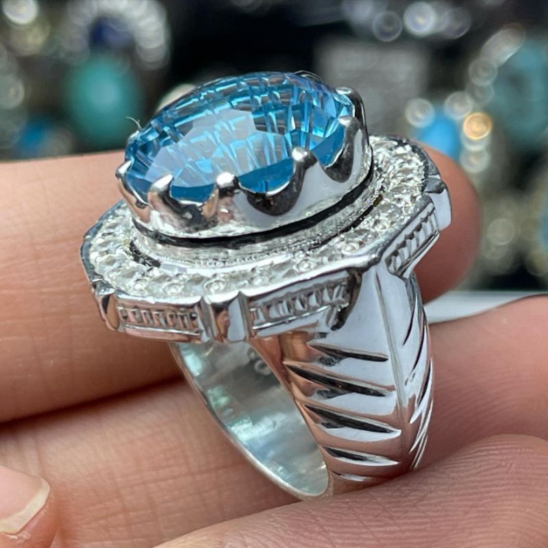 Jual natural [SKY BLUE TOPAZ SWISS 10MM CUSTOM CUTTING] emban cincin ...
