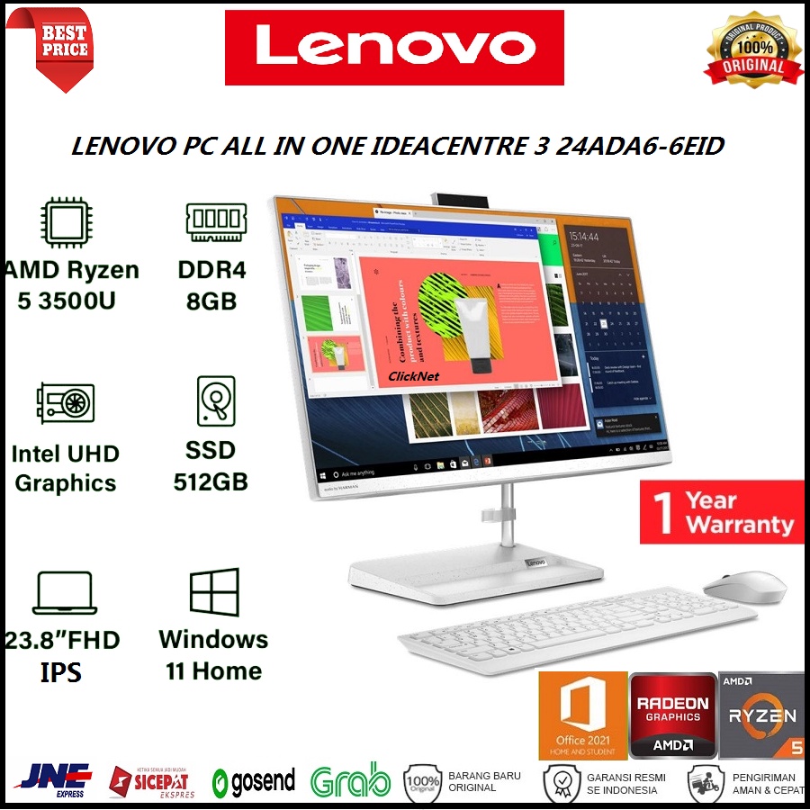 Jual LENOVO IDEACENTRE AIO 3 24ADA6 6EID Ryzen 5-3500U 8GB 512GB SSD ...