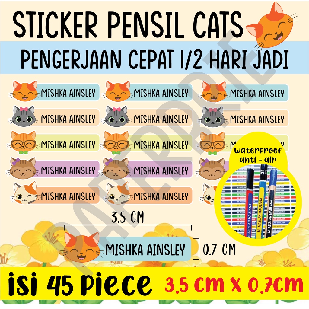 Jual Stiker Pensil Cats Lucu - Sticker Label Nama Anak, Anti Air, untuk ...