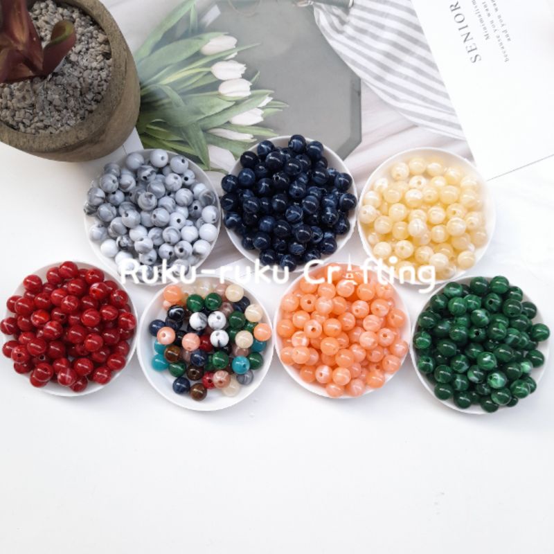 Jual (50 pcs) Mote Manik Bulat Motif Marmer 8mm Manik Corak Lilin Manik ...