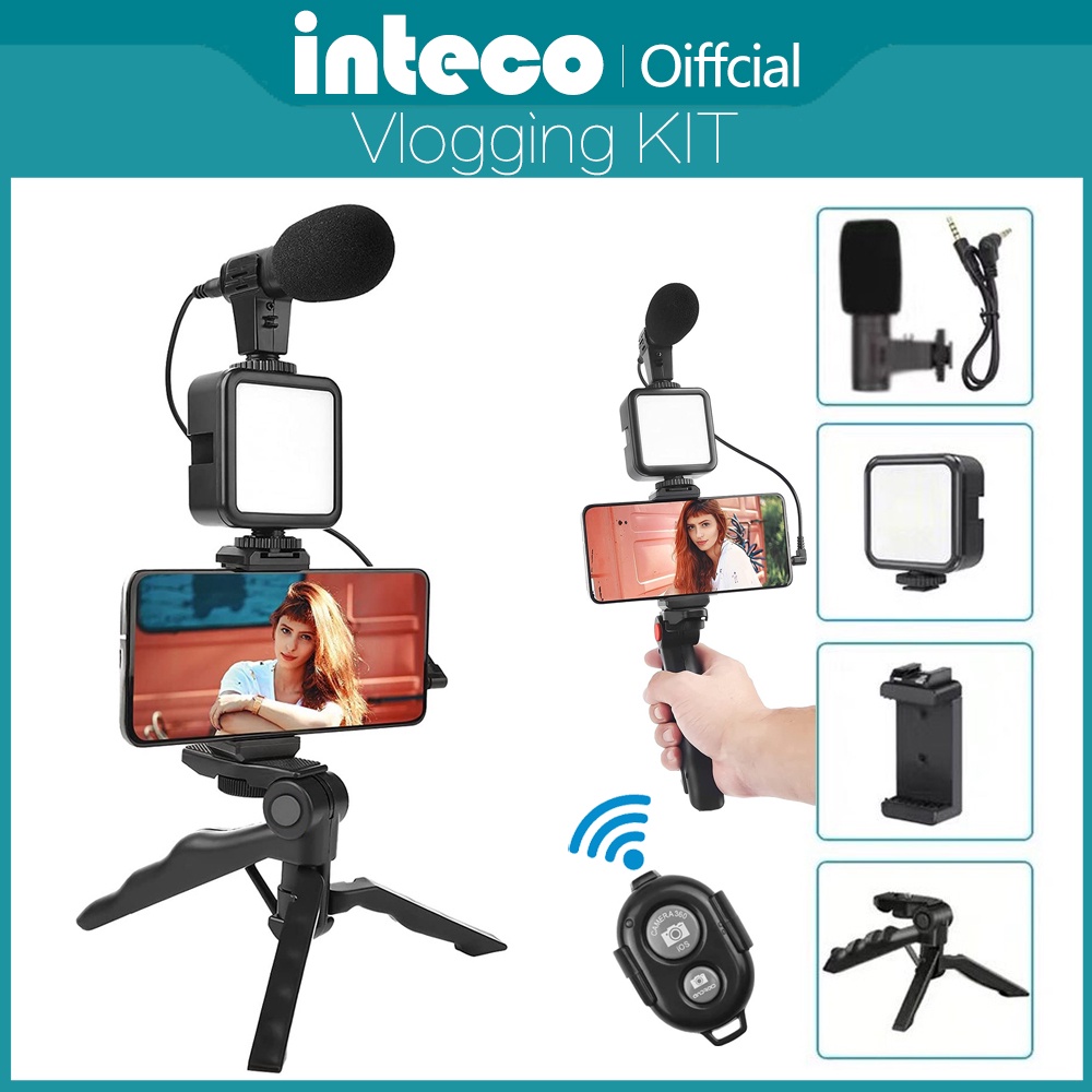 Jual Vlogging Kit Paket Vlog 5 in 1 Led Video Light Phone Holder Tripod Microphone Remote ...