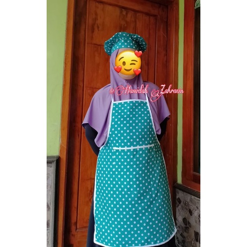 Jual CELEMEK MASAK APRON DEWASA PLUS TOPI KOKI CHEF MOTIF POLKADOT ...