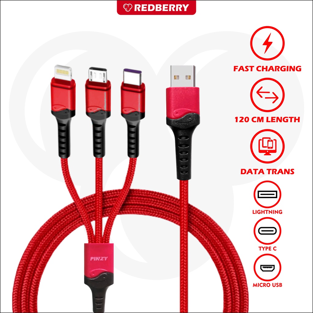 Jual Kabel data PINZY S17 3in1 FAST CHARGING Lightning TypeC Micro USB ...