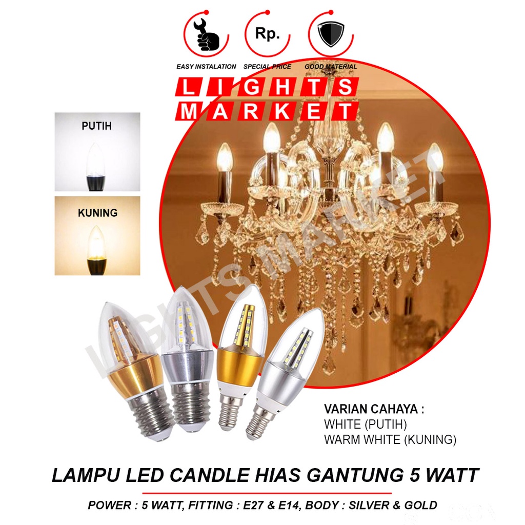 Jual Lampu LED Lilin 5 Watt Fitting E14 E27 Bohlam Candle Hias Gantung 5W Cahaya Kuning Warm ...
