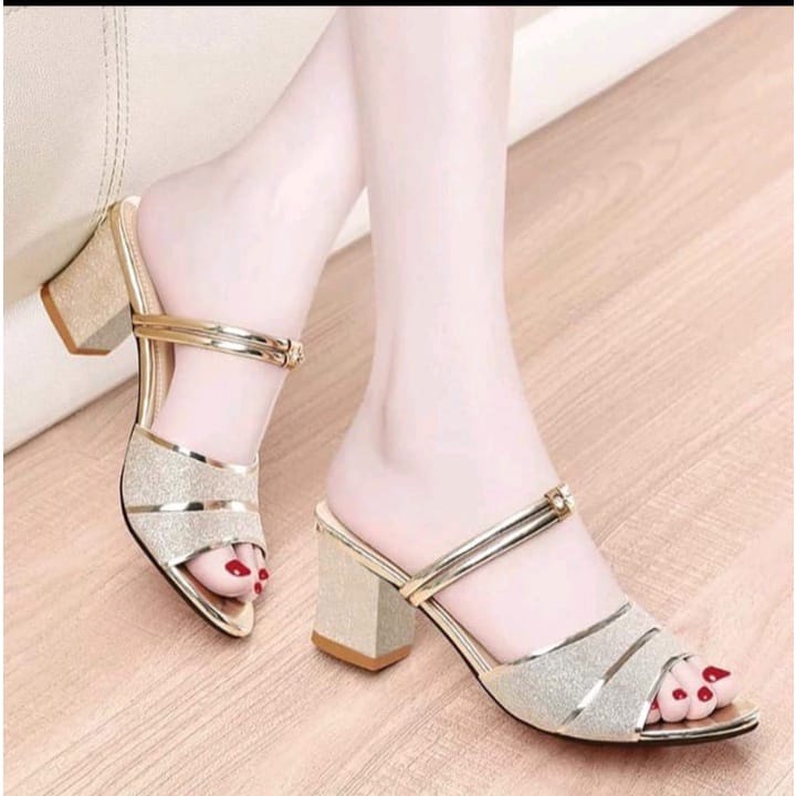 Jual Sandal hak tahu wanita 5 cm gliter dubay heels | Shopee Indonesia
