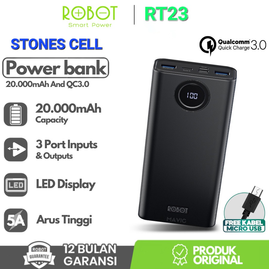 Jual PowerBank ROBOT 20000mah RT23 Quick Charging Powerbank 3 Port Original | Shopee Indonesia