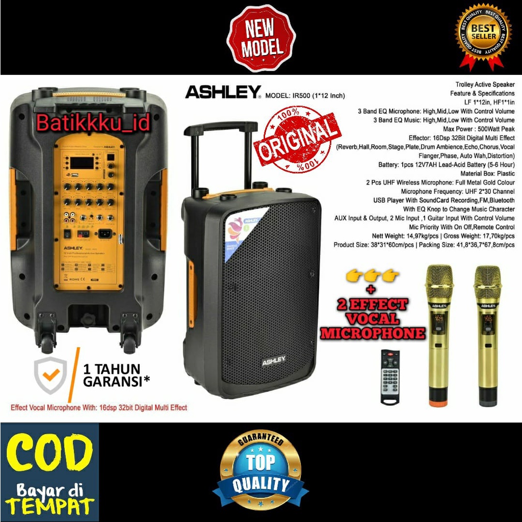 Jual SPEAKER AKTIF PORTABLE ASHLEY IR 500 IR500 ORIGINAL NEW 12 INCH + 2 MIC WIRELESS ASHLEY ...