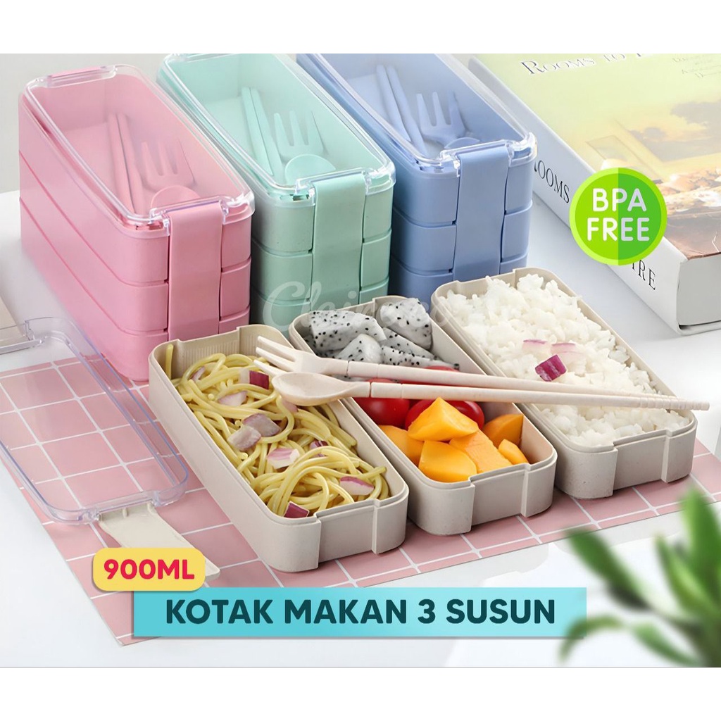 Jual KOTAK TEMPAT MAKAN LUNCH BOX SET 3 SUSUN/ KOTAK BEKAL MAKAN FREE SENDOK GARPU/ BENTO LUNCH ...
