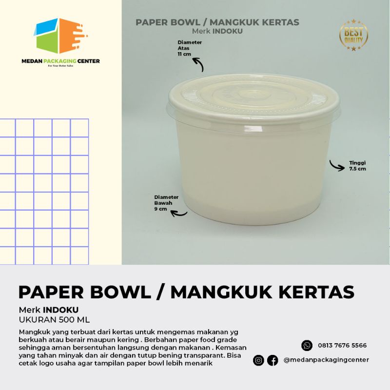 Jual Paper Bowl 500ml merk Indoku / Mangkok kertas putih / rice bowl ...