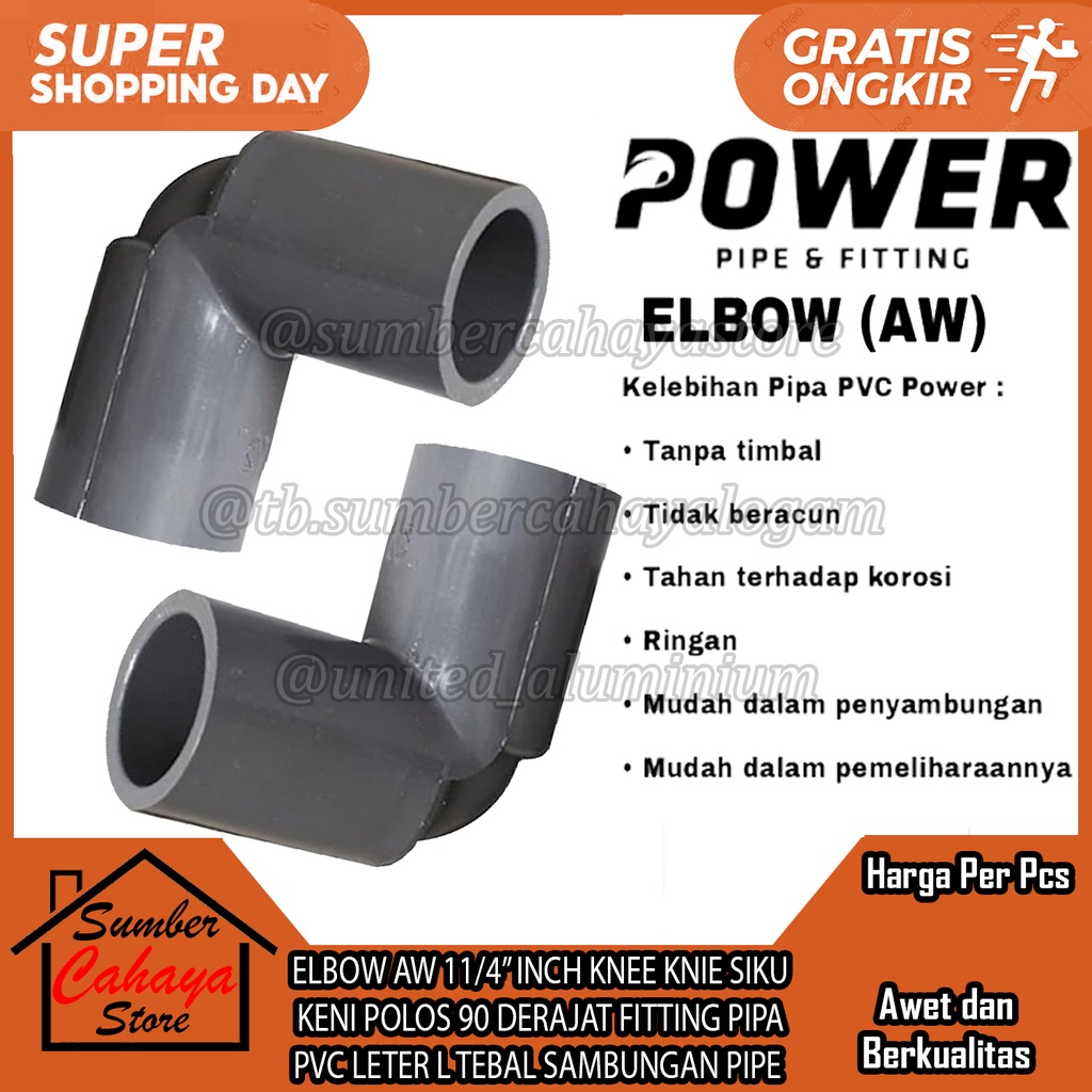 Jual ELBOW AW POWER 1 1/4" INCH KNEE KNIE SIKU KENI POLOS 90 DERAJAT FITTING PIPA PVC LETER L ...