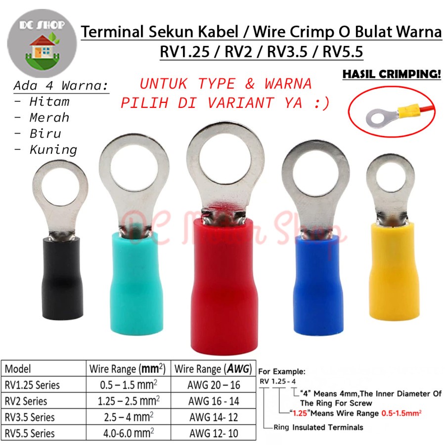 Jual Terminal Kabel Skun Sekun Ring O Bulat RV1.25-4 RV2-4 RV3.5-5 RV5.5-6 | Shopee Indonesia